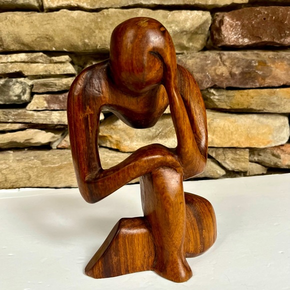 Hand Crafted | Art | Vtg Wood Sculpture Modernist Thinker Hand Carved ...